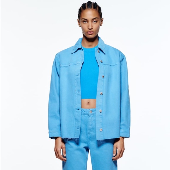 Zara | Jackets & Coats | Zara Solid Bright Blue Jean Jacket Nwt ...
